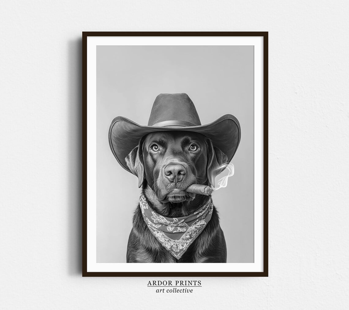 Chocolate Labrador Cowboy Wall Art, Lab Western Print, Black And White ...