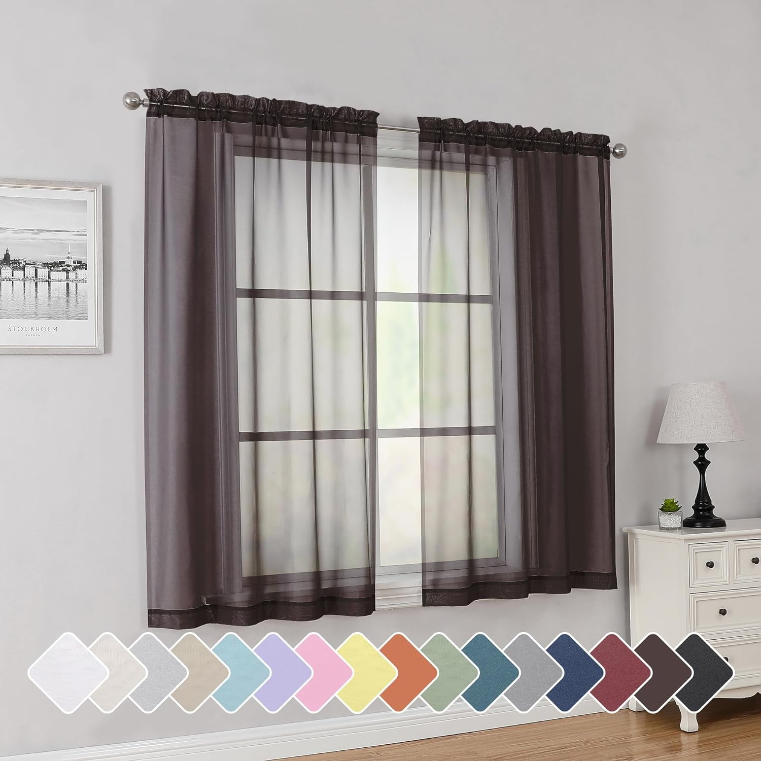 Chocolate Short Sheer Curtains 45 Inch Length for Small Windows, Rod ...