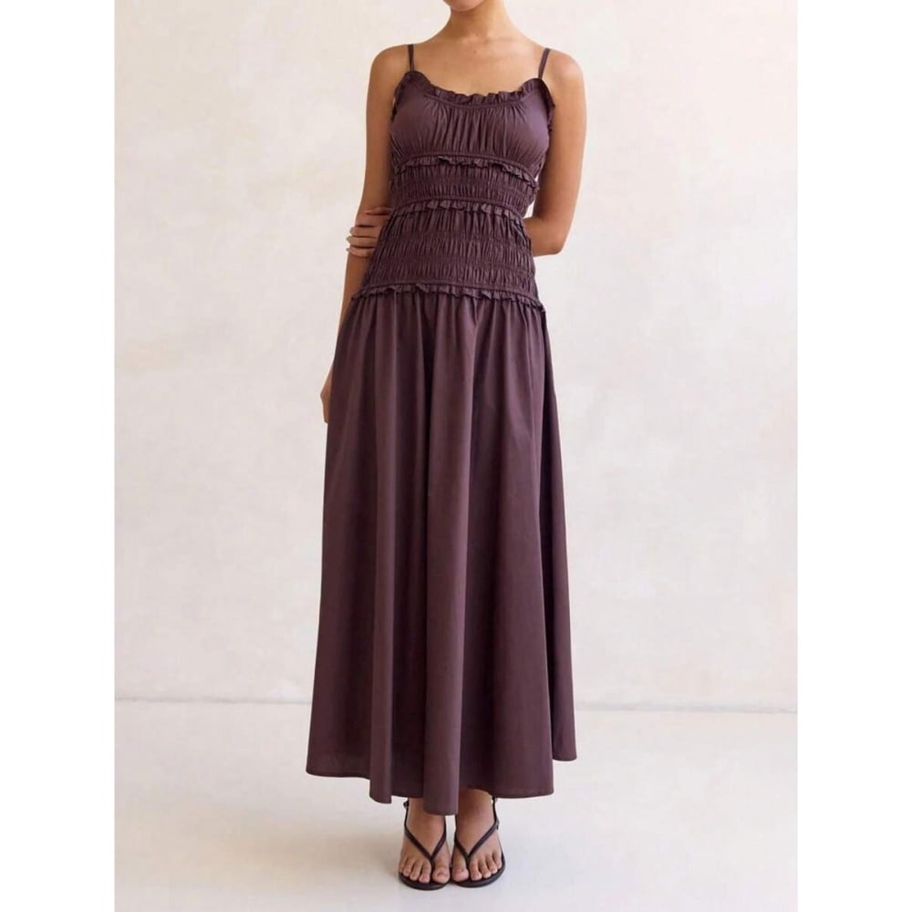 Chocolate Sleeveless Smocked Ruffle A-Line Maxi Slip Dress For Summer ...