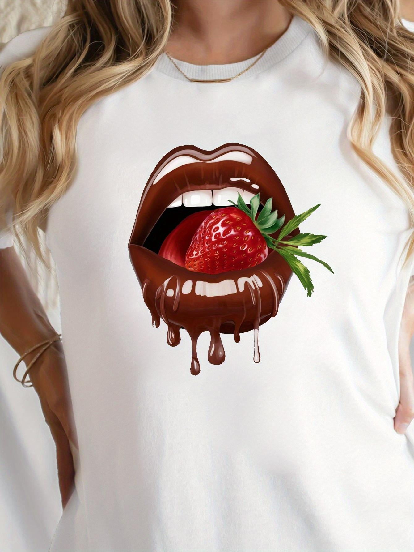 Chocolate lips with strawberry Cotton women's T-shirt with comfortable ...