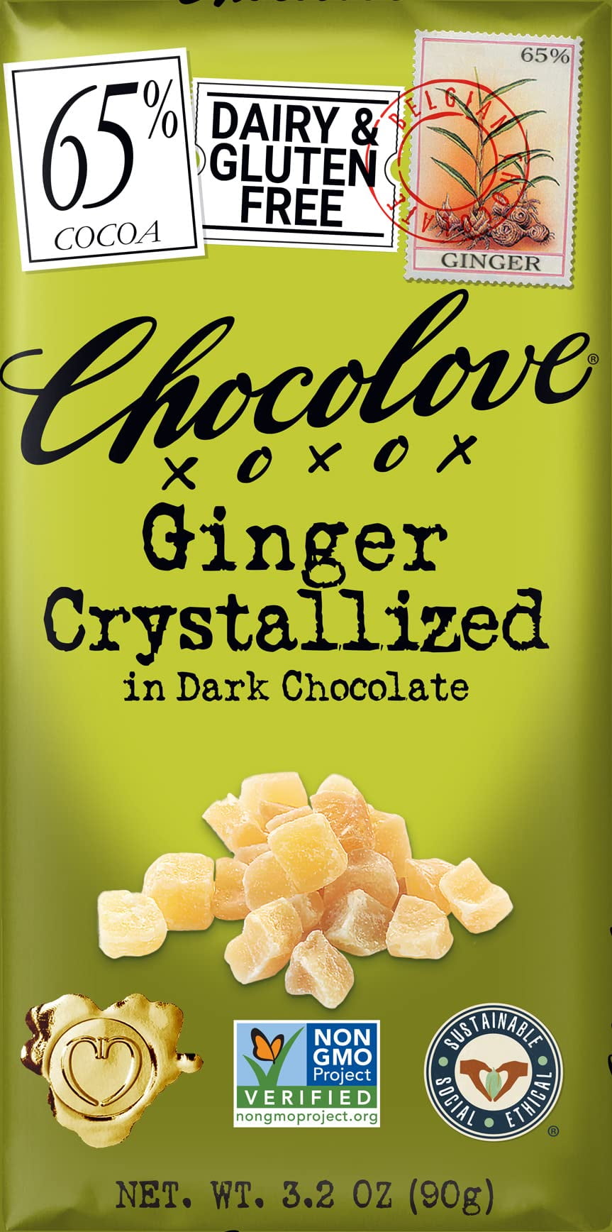 Chocolove Chocolate Bar, Ginger Crystallized in Dark Chocolate, 3.2 ...