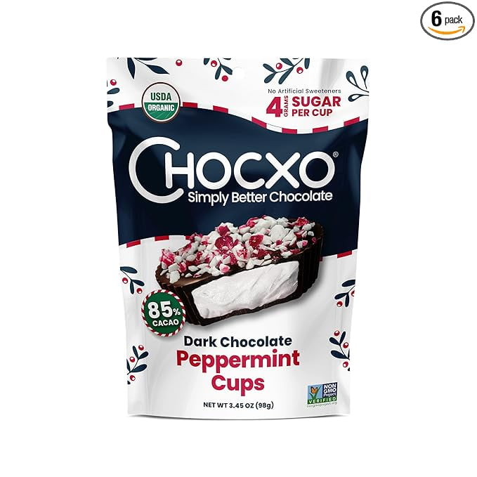 Chocxo Dark Chocolate Peppermint Cups 3.45 OZ- 4 Pack - 85% Cacao Dark Chocolate with Creamy ...