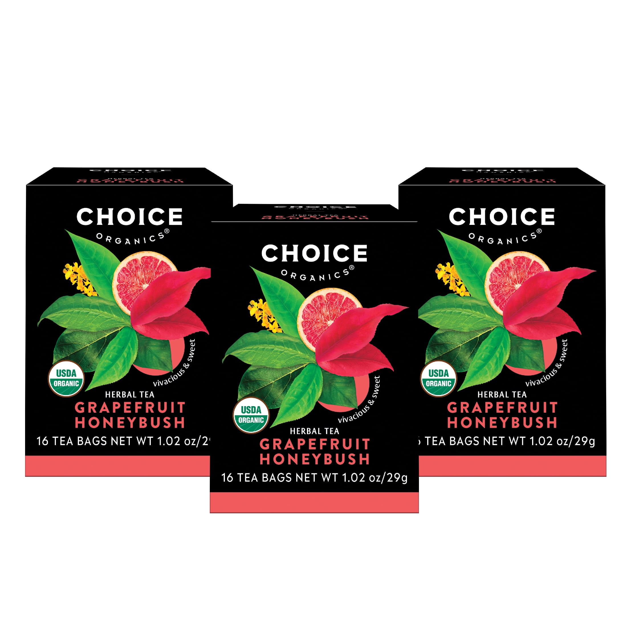 Choice Organics Grapefruit Honeybush Tea, Caffeine Free, Herbal Tea Bags, 3 Boxes of 16 ...
