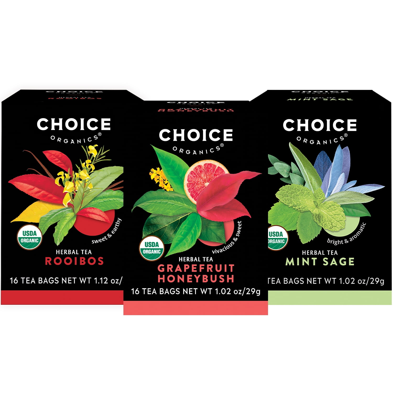 Choice Organics Mixed Herbal Tea Variety Pack, Caffeine Free, 3 Boxes ...