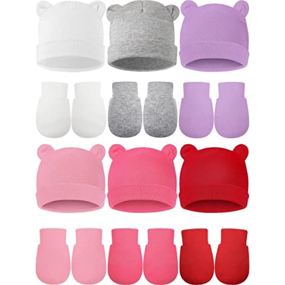 Chok 6 Sets Newborn Cotton Gloves Solid Baby Hat with Ears and Non ...