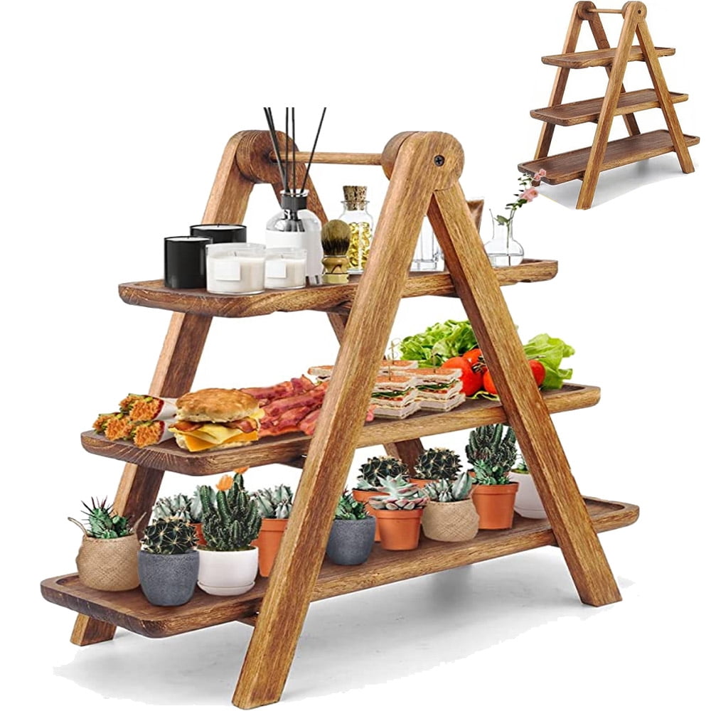 Chok Wood 3 Tier Serving Tray - Foldable Cupcake Stand Rustic Serving ...