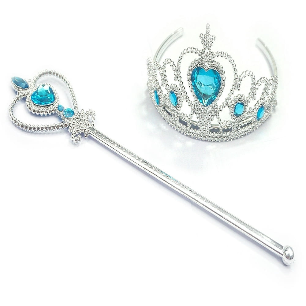 ChokPrincess Elsa Crown Tiara and Wand Set — Silver Heart Jewel(Blue ...