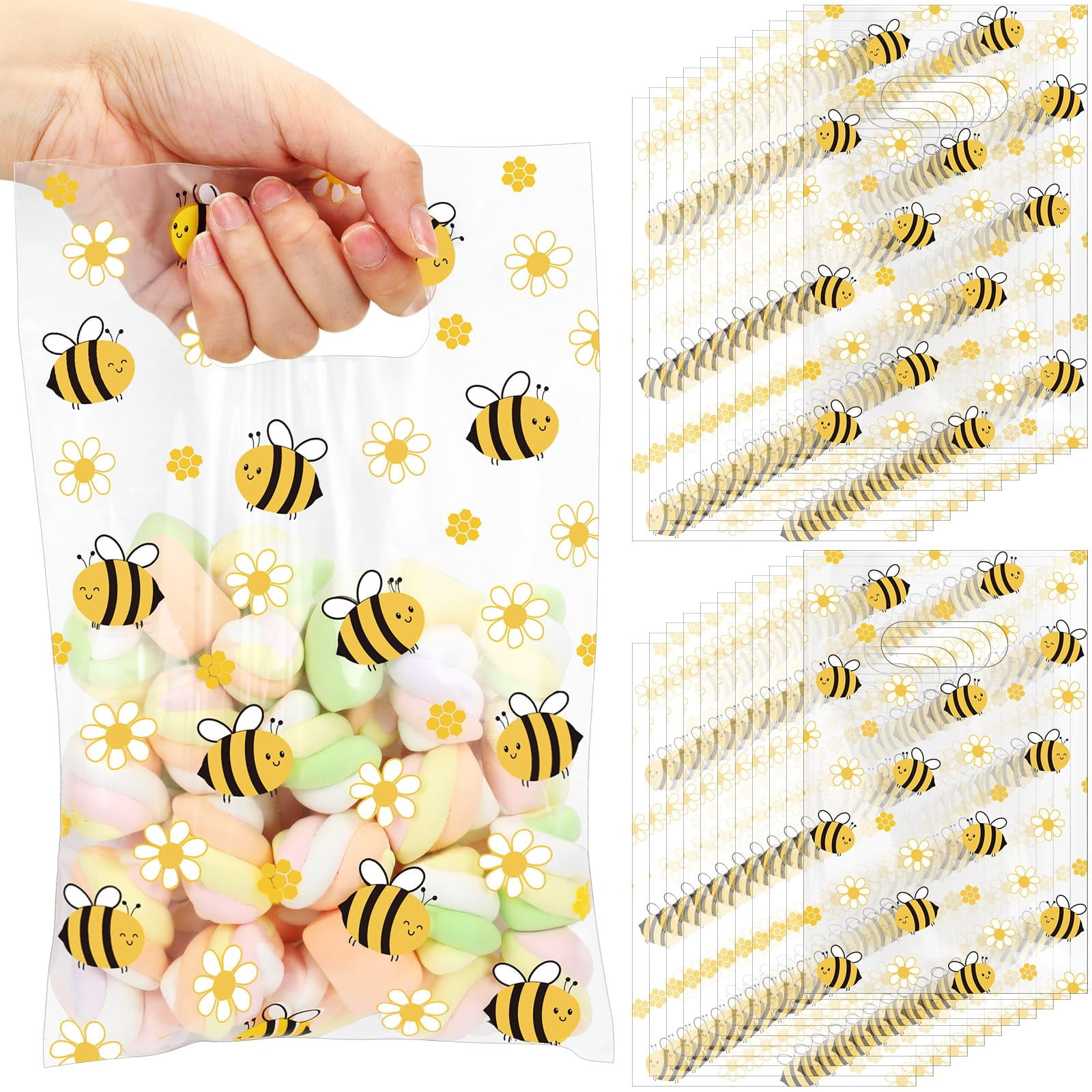 Cholemy 50 Pcs Clear Bee Party AIS1 Favor Bags with Die Cut Handles Bee ...