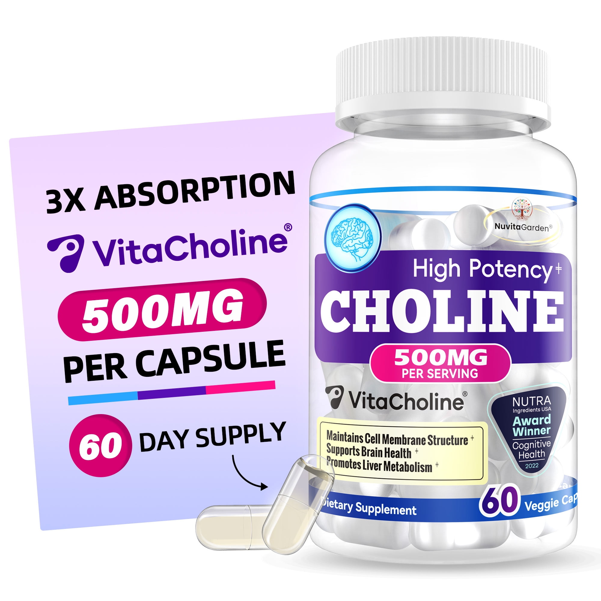 Choline 500 mg (Non-GMO) for Healthy Cognitive Brain Function 60 Caps - Walmart.com