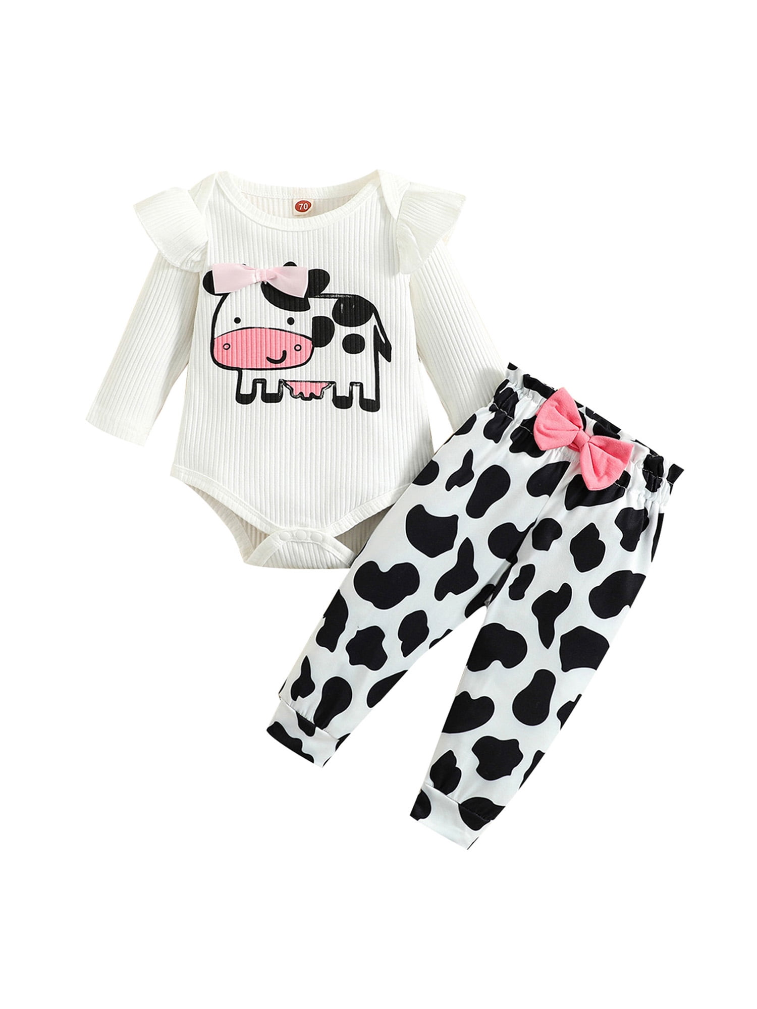 Chollius Infant Newborn Baby Girl Romper 2Pcs Outfits Round Neck Ruffle Long Sleeve Cow Printed ...