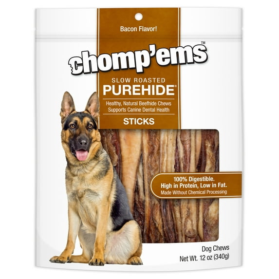 CHOMP 'EMS Purehide Bacon Dog Treats, Slow Roasted Beefhide Sticks ...