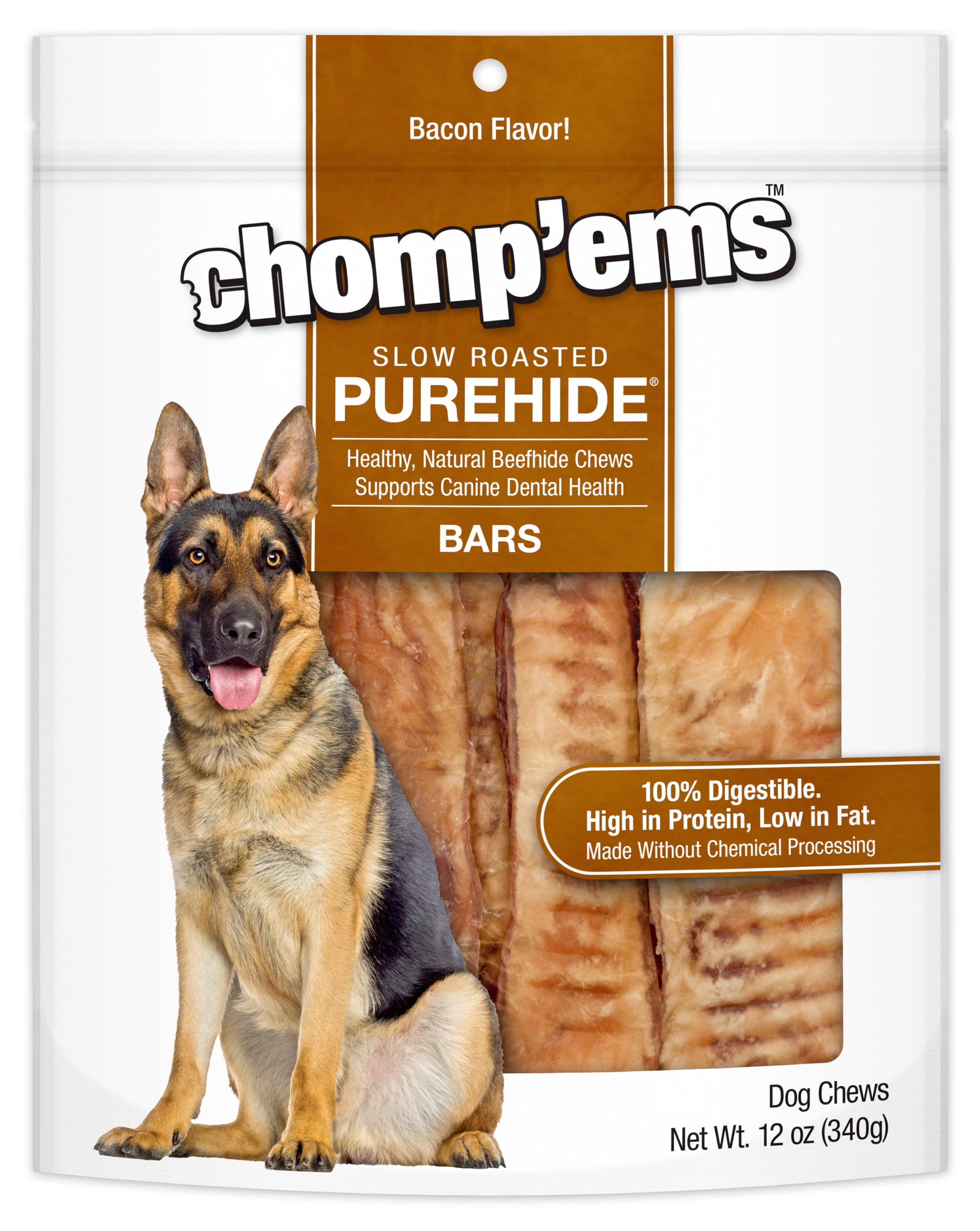 CHOMP 'EMS Ruffin' It Purehide Dog Chew, Bacon Flavor, 12oz Bars, High ...