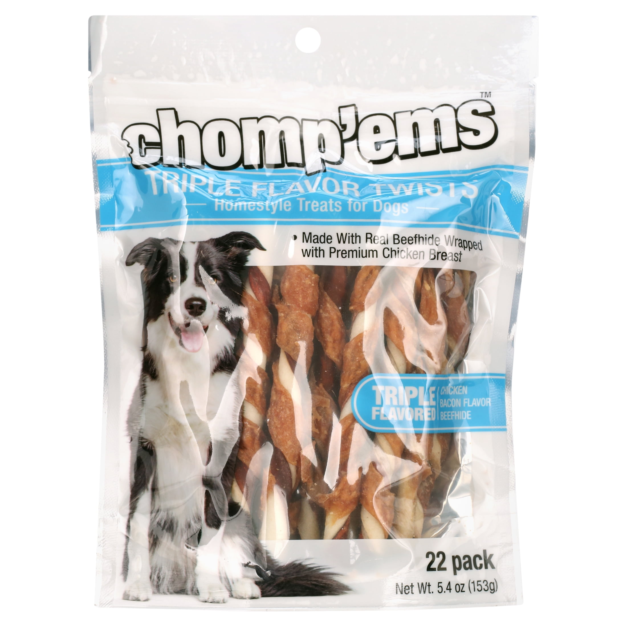 Chomp 'ems Triple Flavor Rawhide Twist Sticks - Beefhide Dog Chew ...
