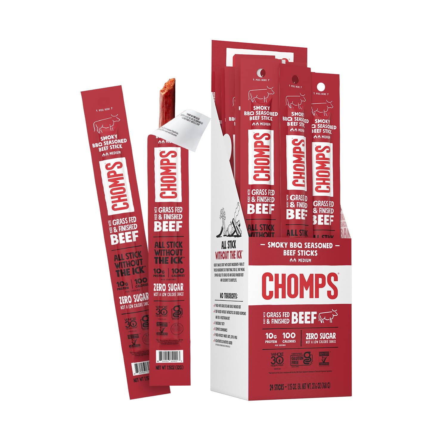 Chomps Grass-Fed and Finished ESF27 Smoky BBQ Seasoned Beef Jerky Snack ...