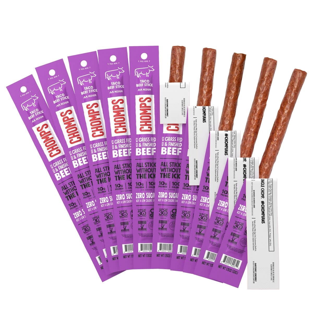 Chomps Grass-Fed and Finished KEF28 Taco Beef Jerky Snack Sticks 10 ...