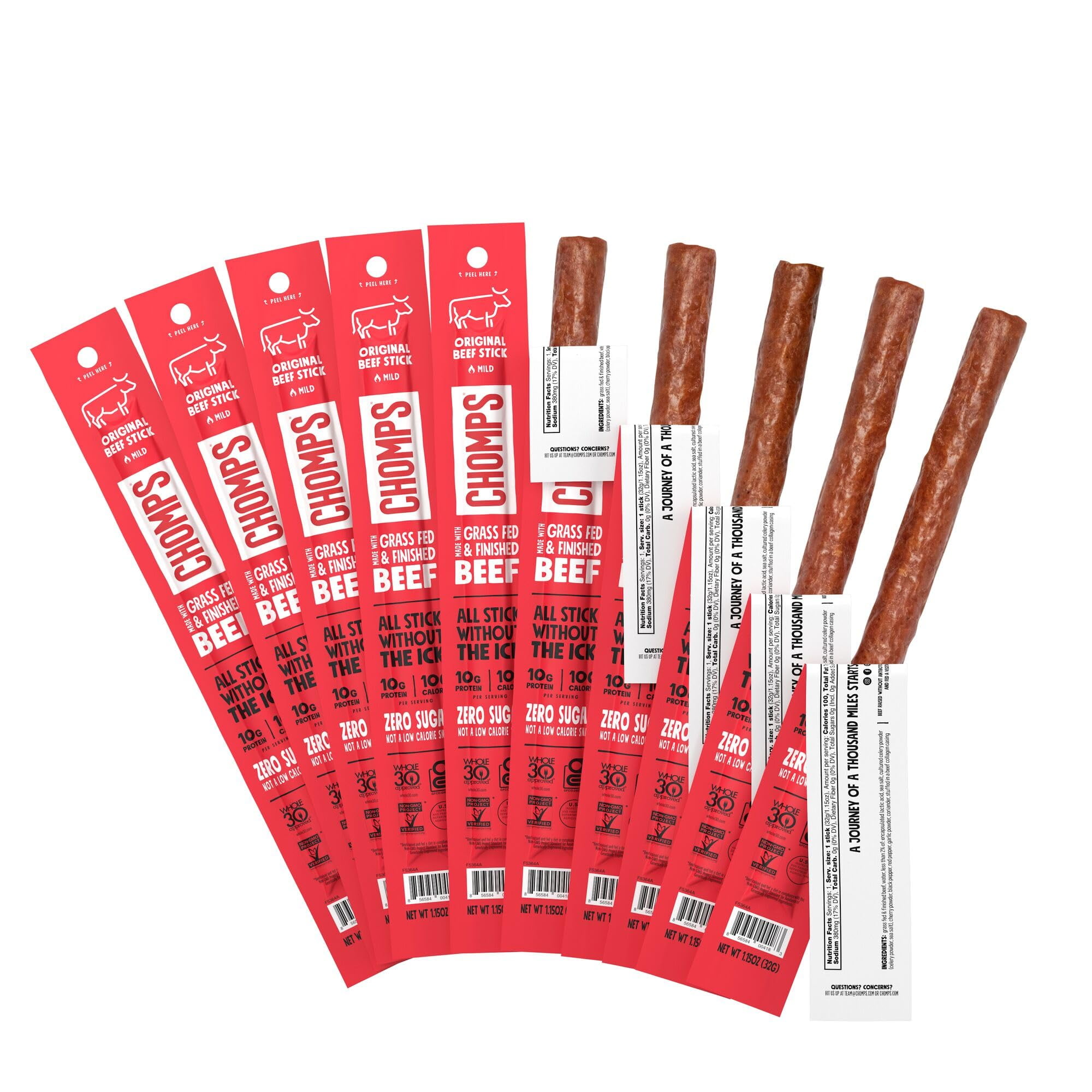 Chomps Grass-Fed and Finished Original Beef Jerky Snack Sticks 10-Pack ...