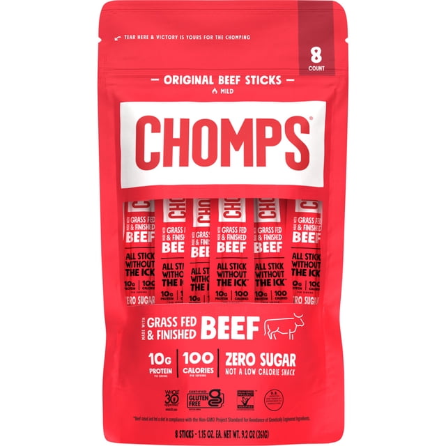 Chomps Grass-Fed Beef Jerky - 10g Protein Snack (8 Count) - Walmart ...
