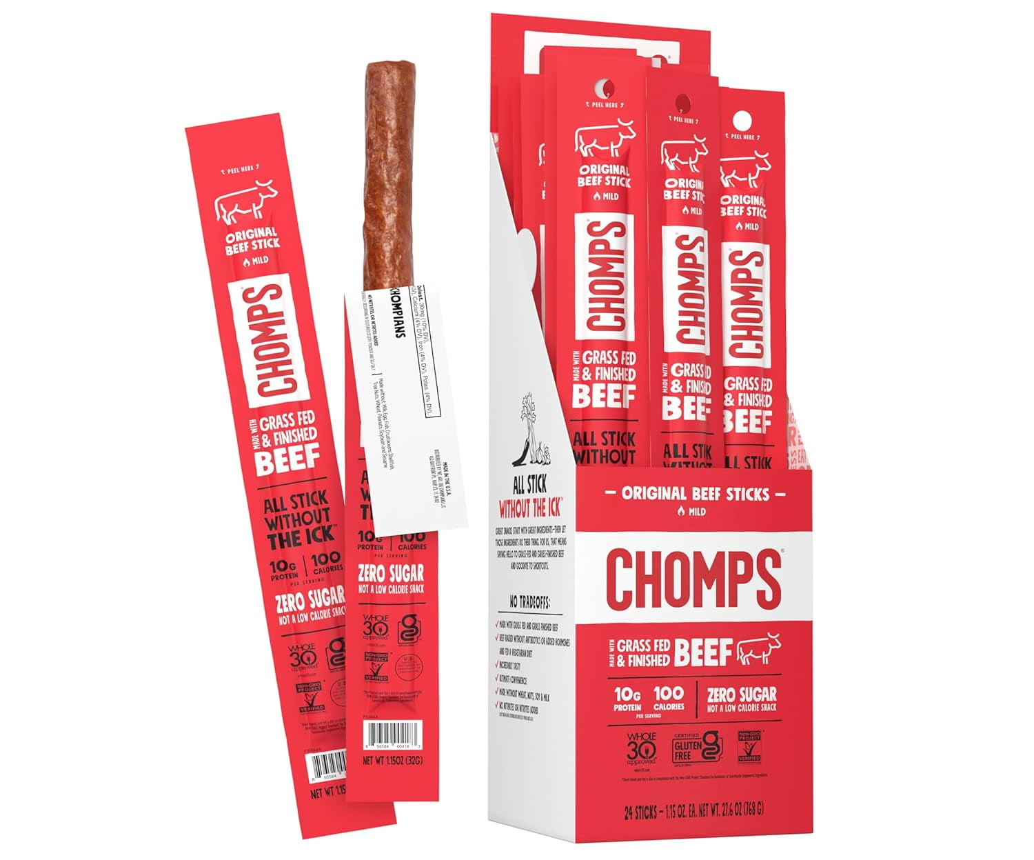 Chomps Grass Fed And Finished Original Beef Jerky Snack Sticks 24 Pack