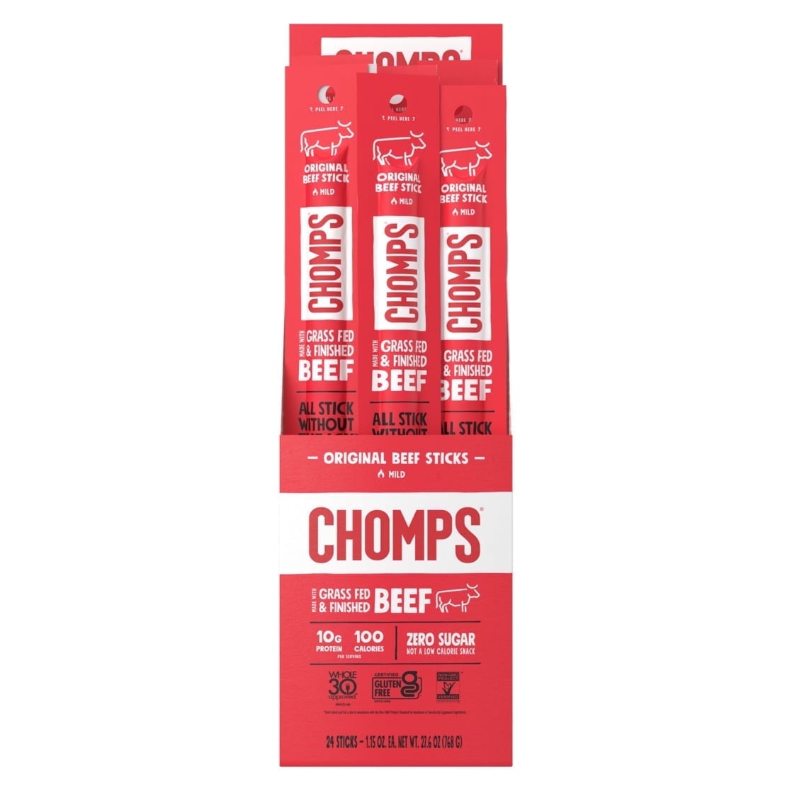 CHOMPS Original Natural Flavored Grass-Fed Beef Jerkey Sticks, 24ct, 1 ...