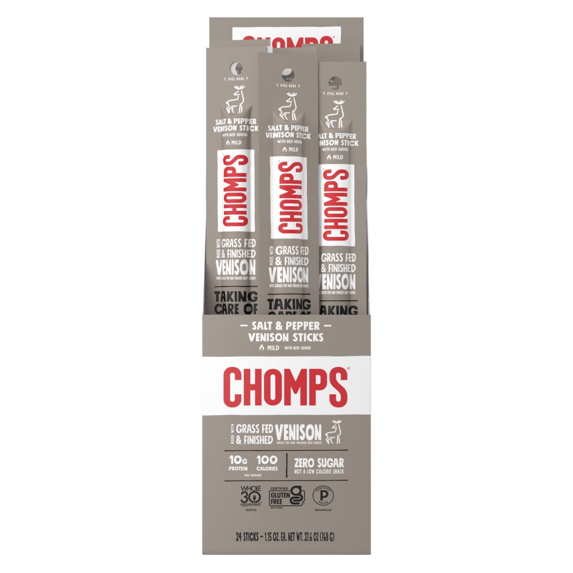 Chomps Sea Salt & Pepper Venison Jerky Snack Sticks, 10g of Protein (24 ...