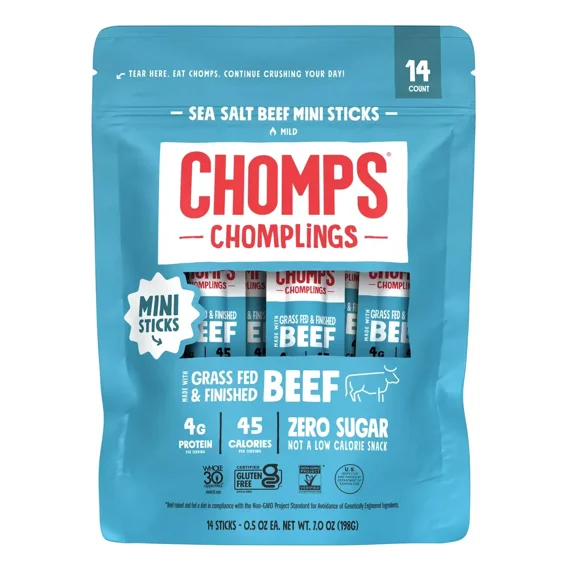 Chomps Mild Sea Salt Beef Sticks, 14 Pack, 0.5 oz Each, Smoked Beef ...