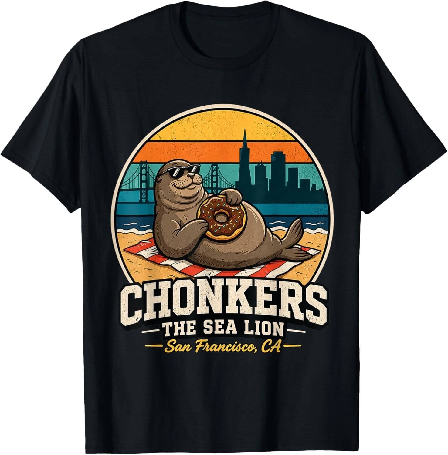 Chonkers The Sea Lion San Francisco Donut Retro Sunset Pier 39 Unisex T ...