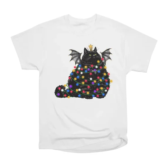 Chonky Bat Cat Christmas Tree Lights Star Version T-Shirt Tee Gift For ...