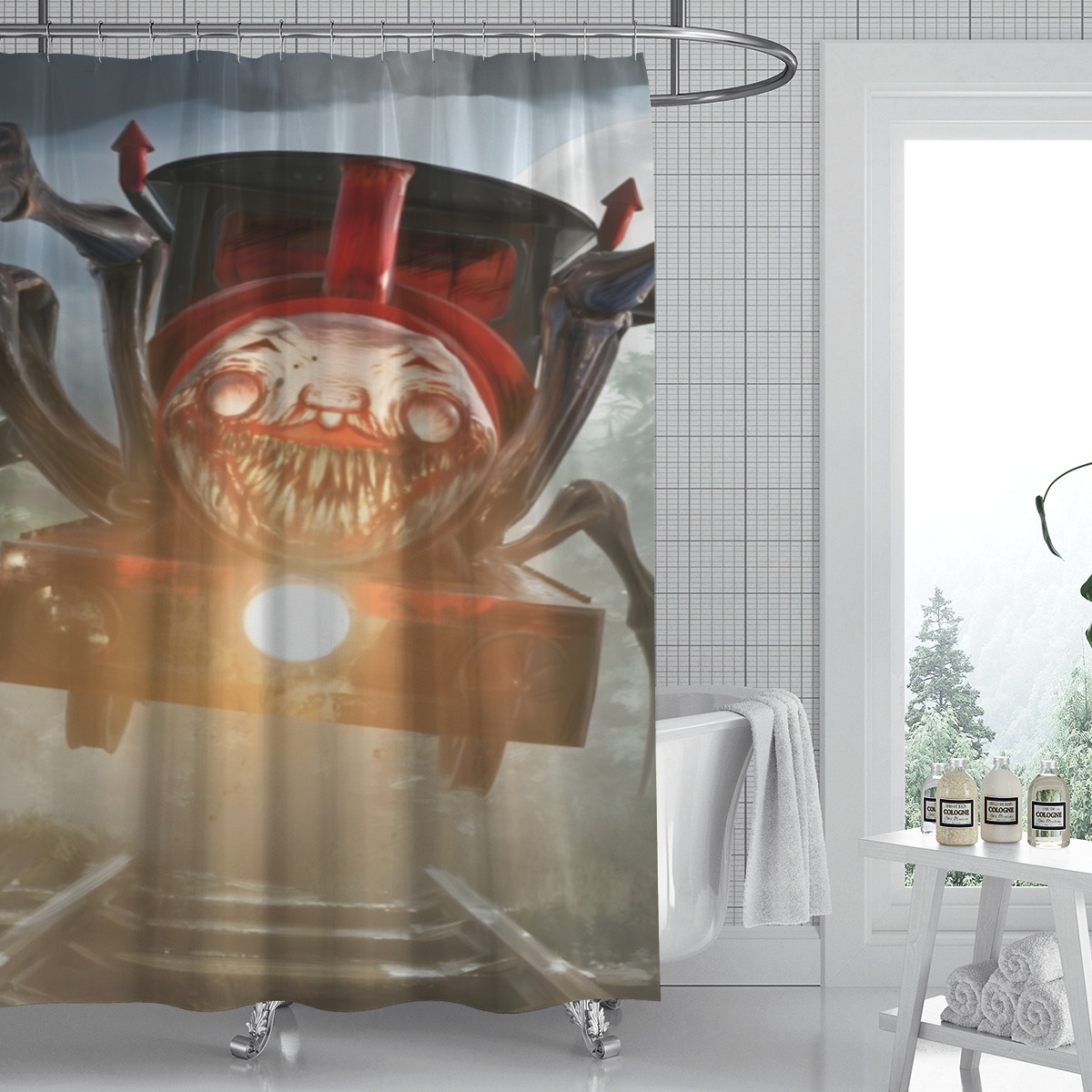 Choo Choo Charles shower curtain features a vibrant print, is ...