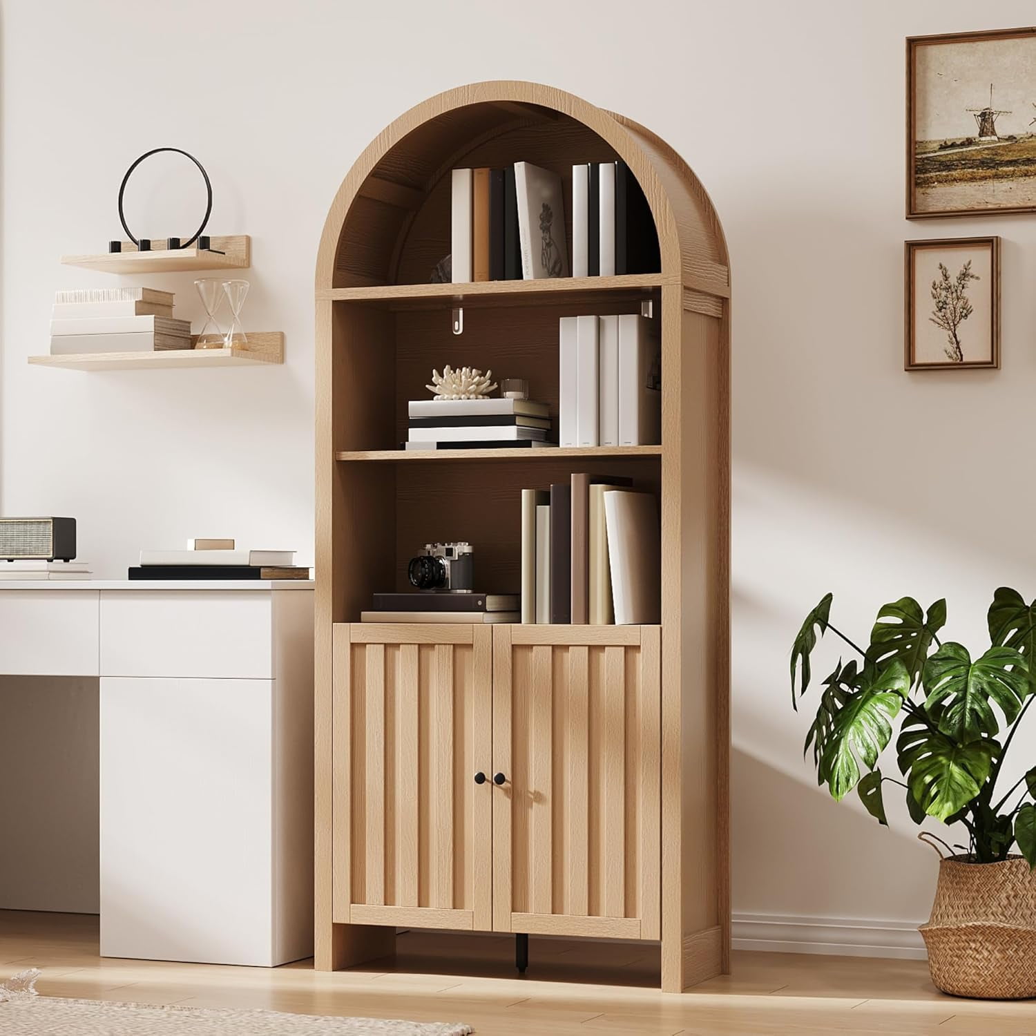 ChooChoo Arched Bookcase with Doors, 3-Tier Farmhouse Bookcase with ...