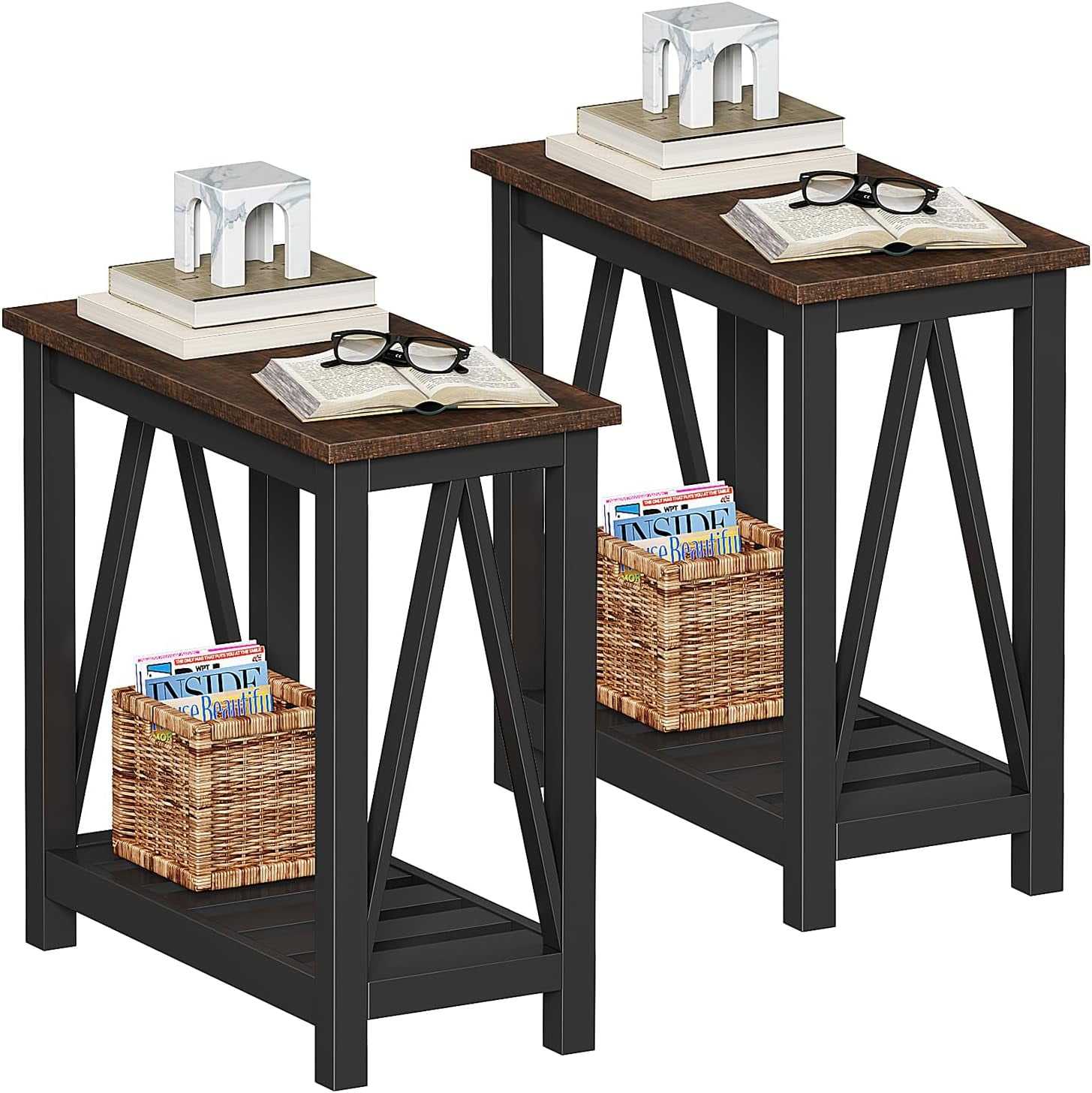 ChooChoo Farmhouse End Table, Rustic Vintage Narrow End Side Table with Storage Shelf for Small ...