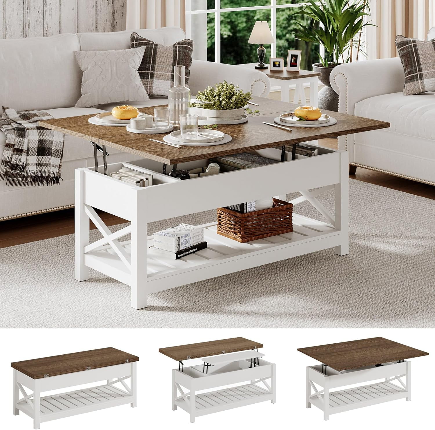 ChooChoo Farmhouse Lift Top Coffee Table, Multi-Function Convertible ...