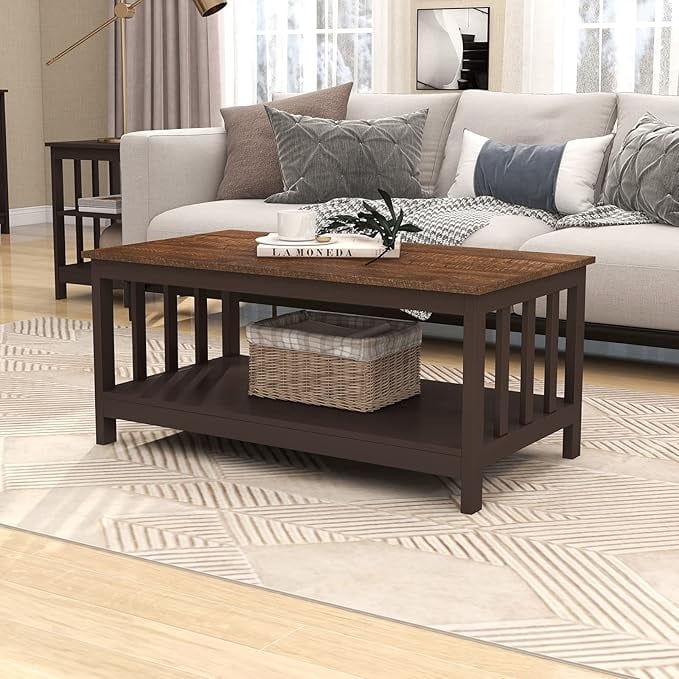 ChooChoo Mission Coffee Table, Black Wood Living Room Table with Shelf ...