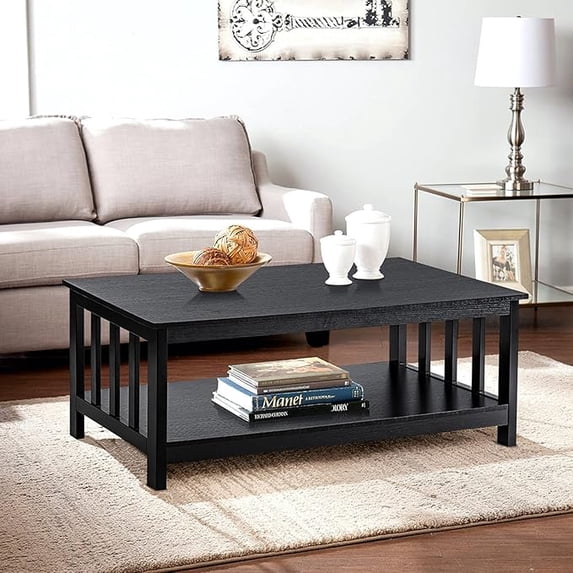ChooChoo Mission Coffee Table, Black Wood Living Room Table with Shelf ...