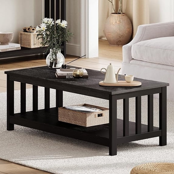 ChooChoo Mission Coffee Table, Black Wood Living Room Table with Shelf ...