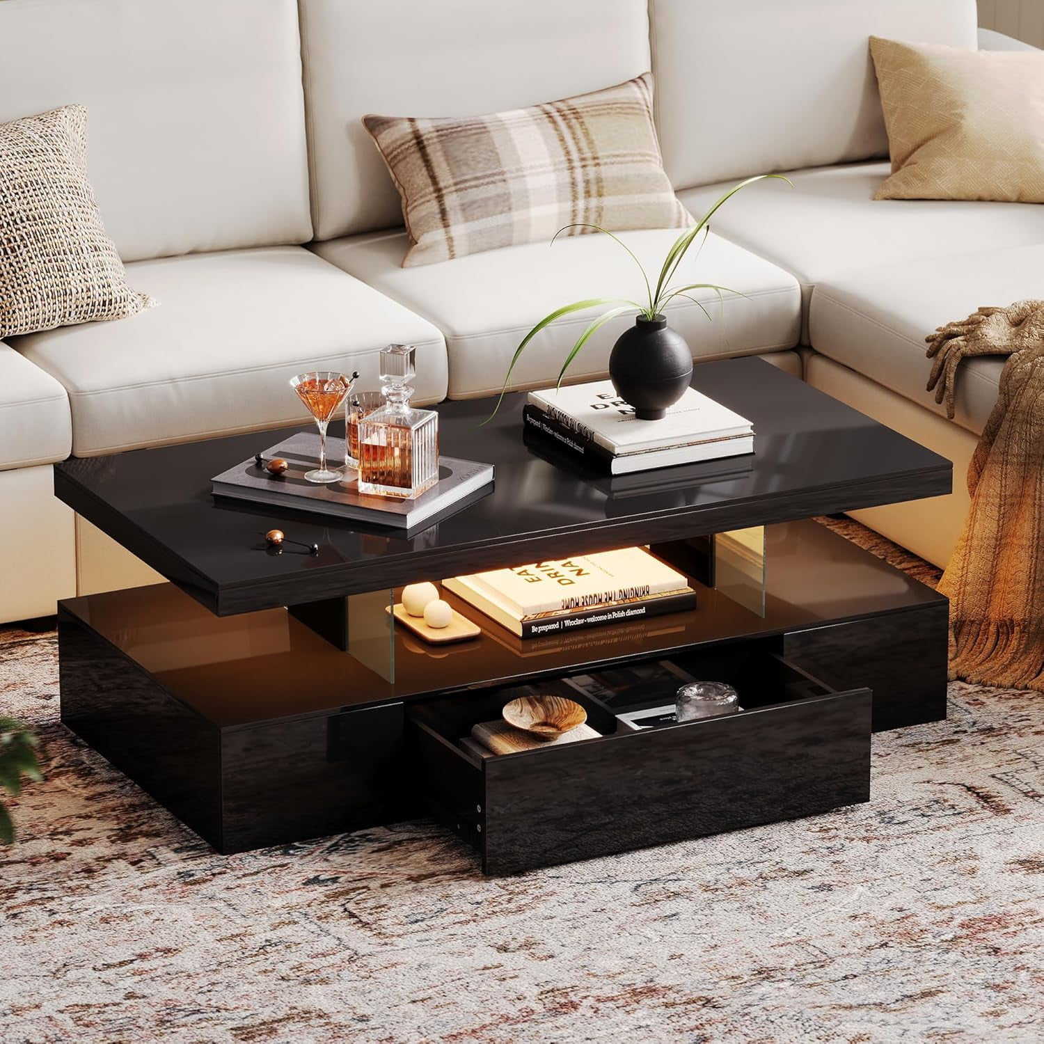 ChooChoo Modern LED Coffee Table, High Glossy Coffee Table with Drawer ...