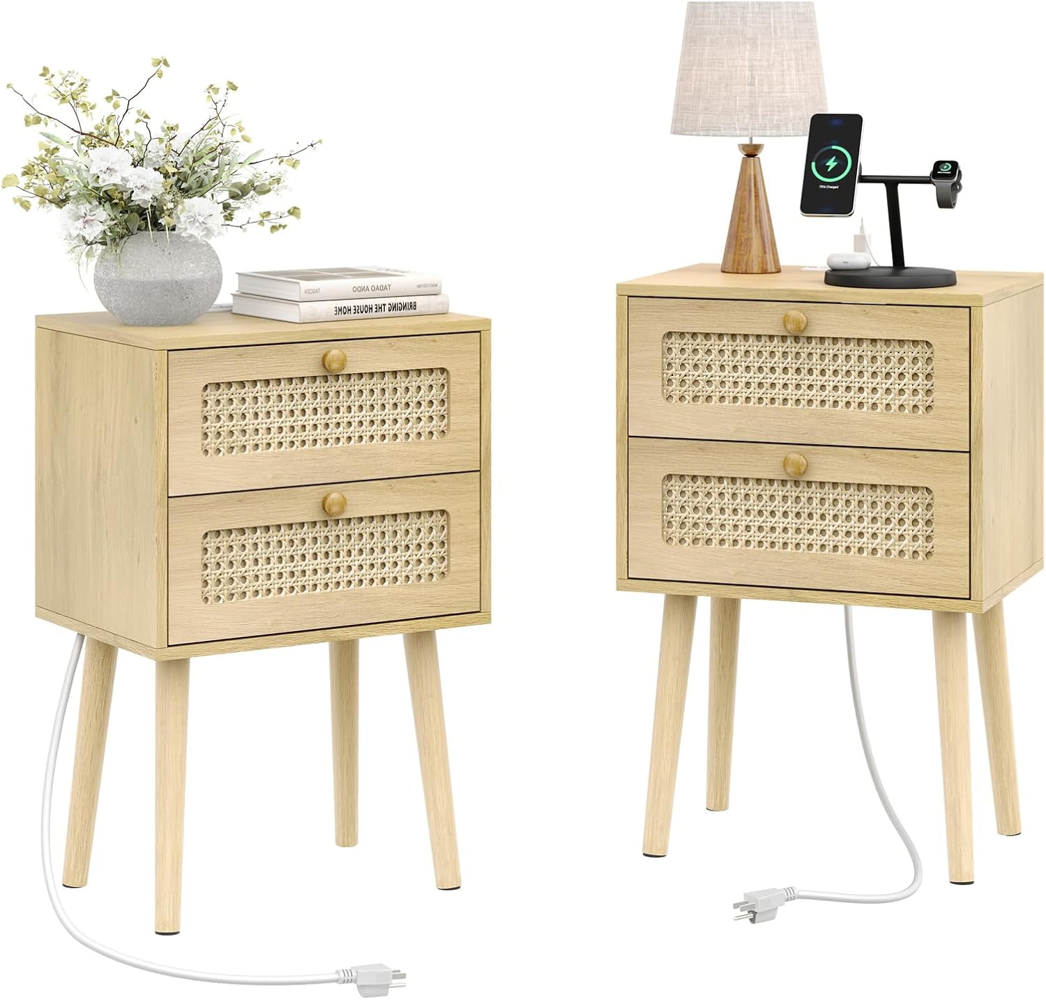 ChooChoo Rattan Nightstands Set of 2, Boho Nightstands with Charing ...