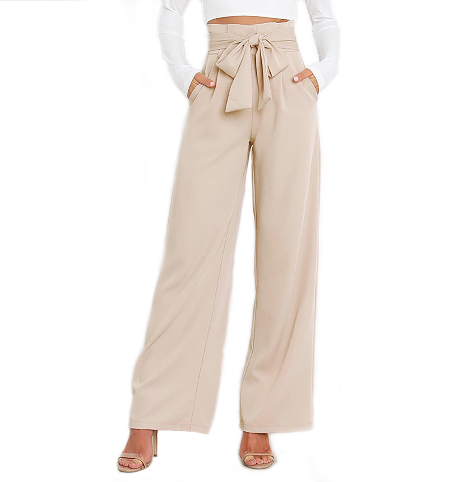 ChooTeeYeen Women's High Waist Pants Casual Pockets Belted Wide Leg ...