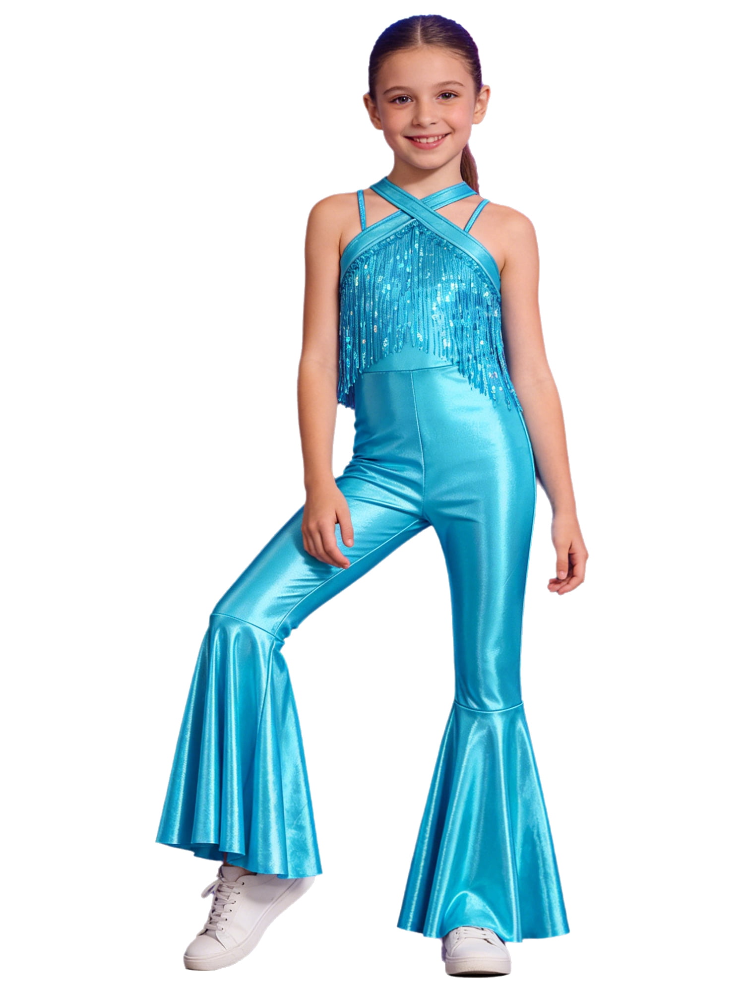 Choomomo Kids Girls Sparkly Metallic Flared Jumpsuit Sparkly Disco ...