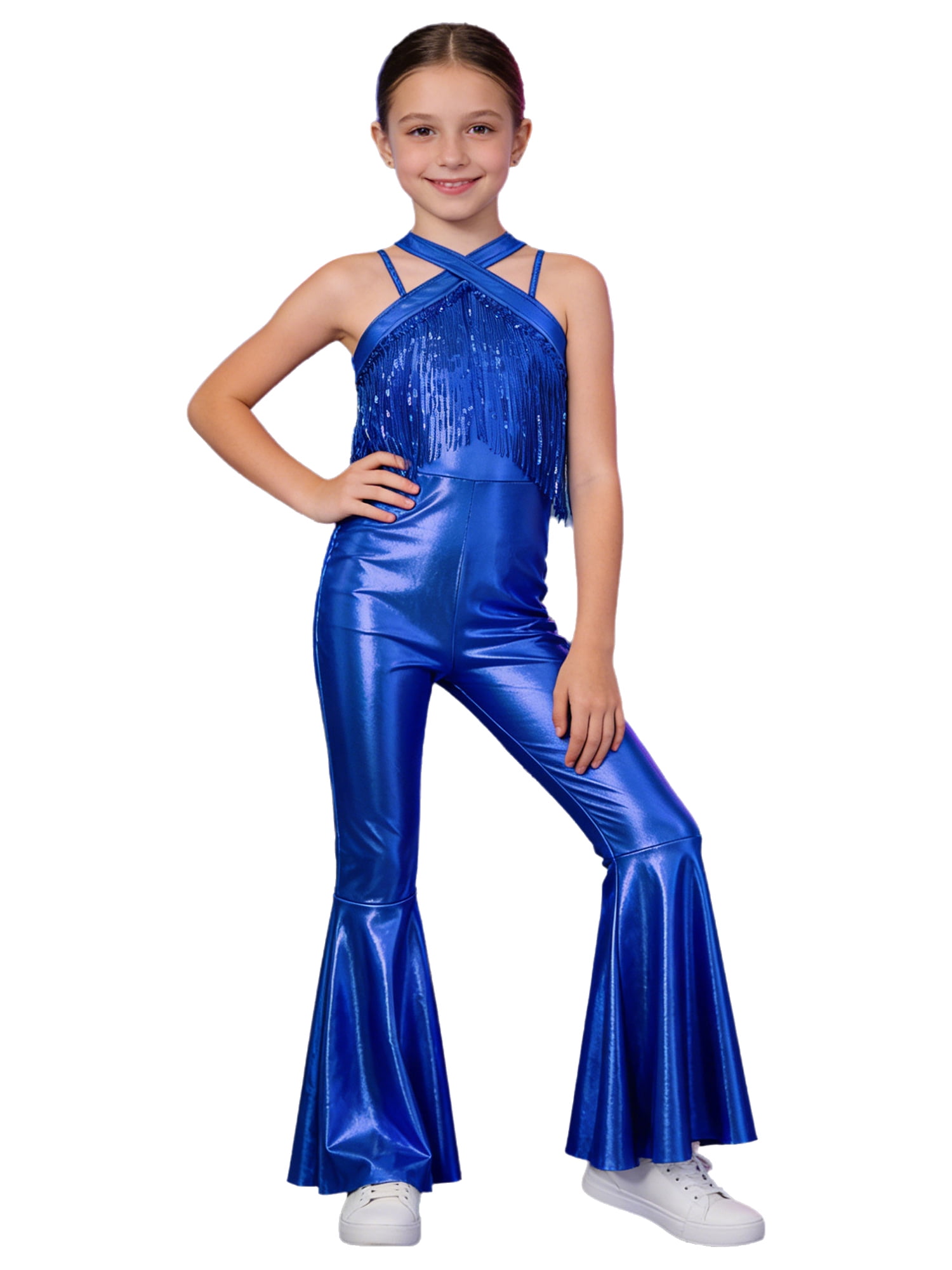 Choomomo Kids Girls Sparkly Metallic Flared Jumpsuit Sparkly Disco ...