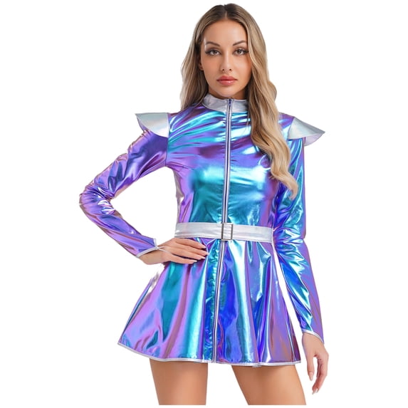 Choomomo Women Alien Dress Outfits Metallic Shiny Skater Dress Adult ...