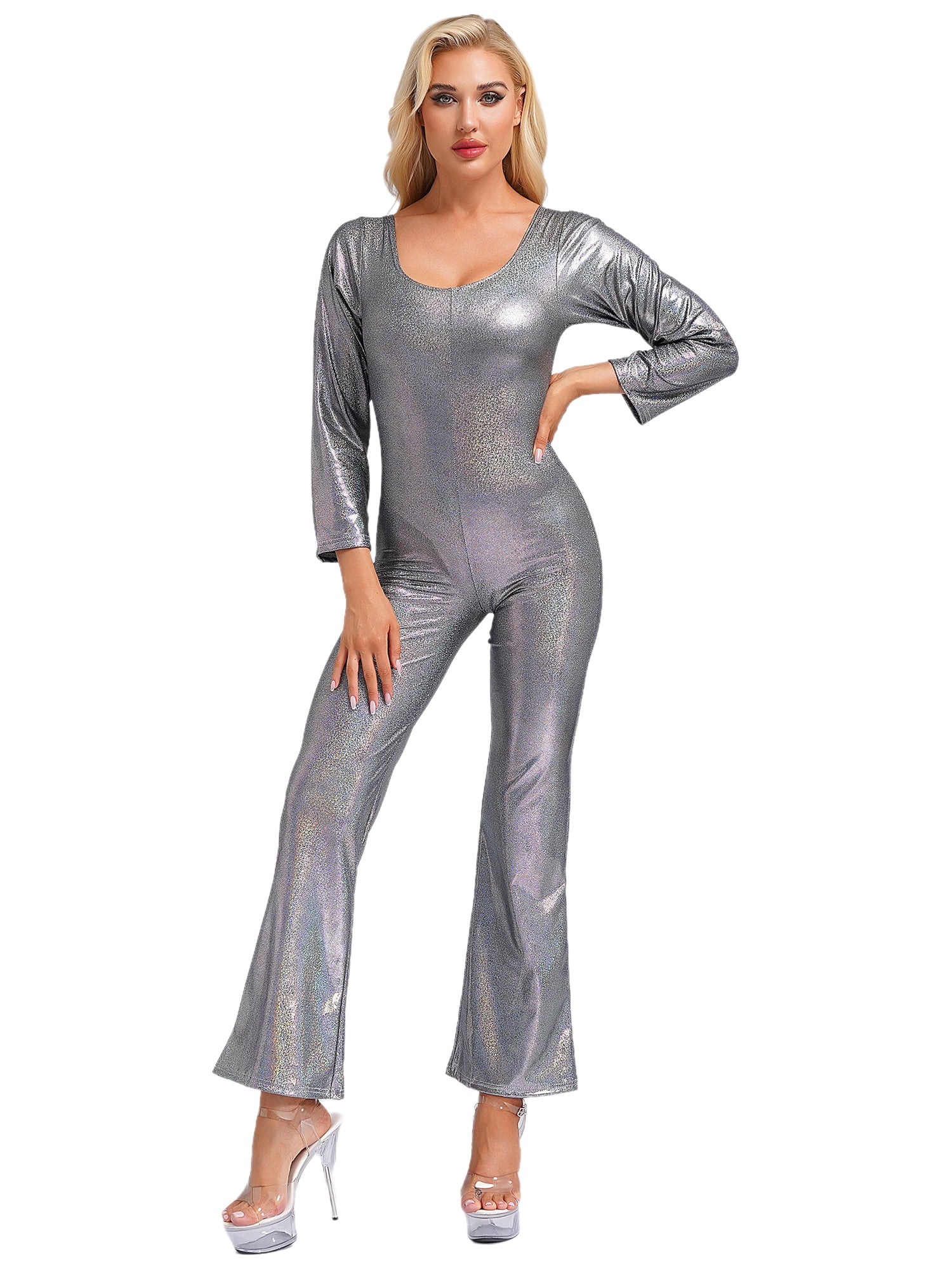 Choomomo Women Metallic 70s Disco Dance Jumpsuit Long Sleeves Bell ...