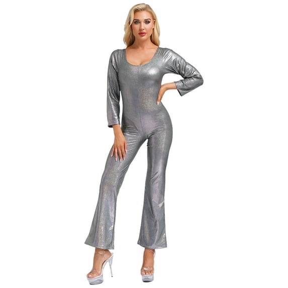 Choomomo Women Metallic 70s Disco Dance Jumpsuit Long Sleeves Bell ...