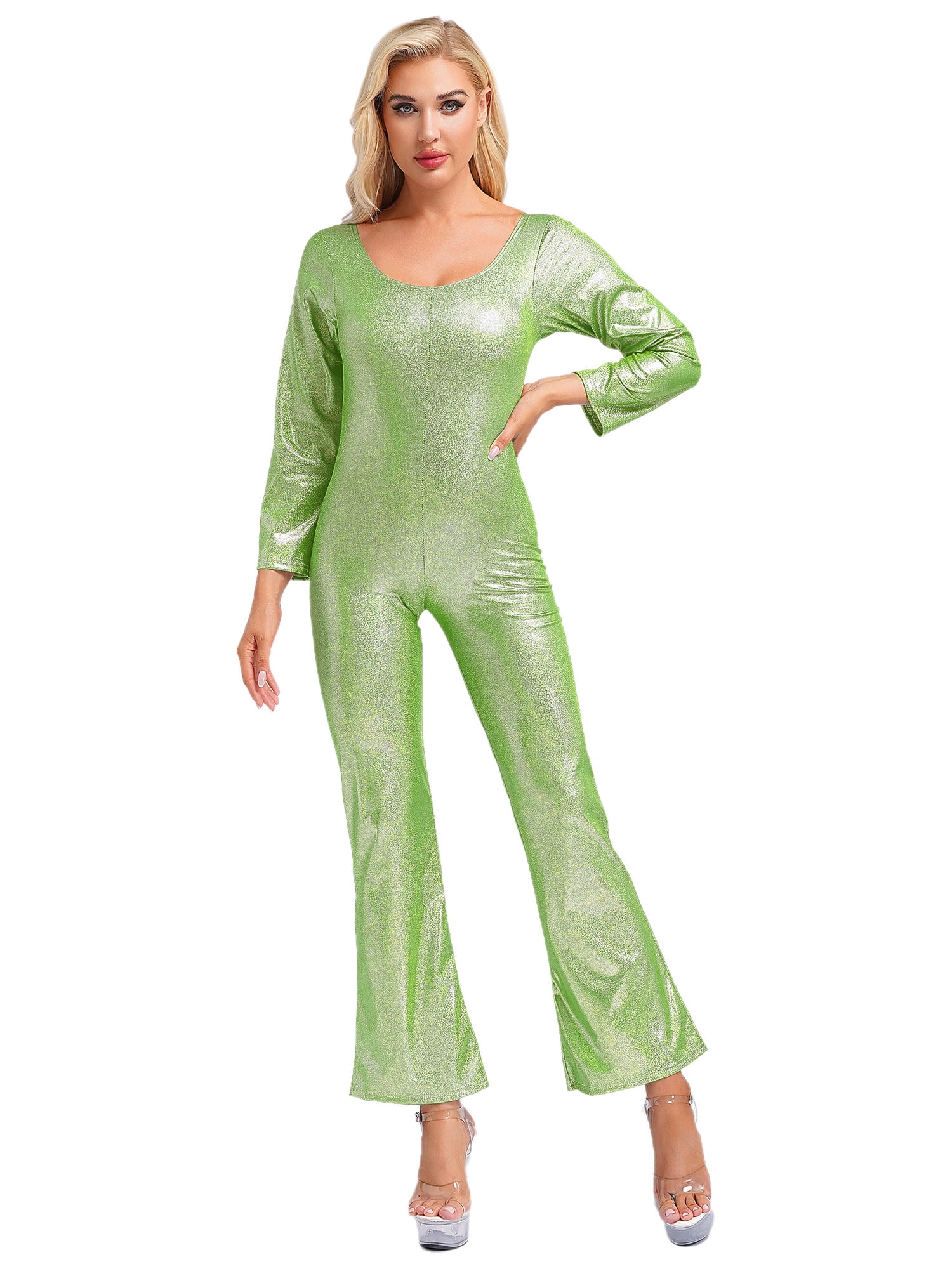 Choomomo Women Metallic 70s Disco Dance Jumpsuit Long Sleeves Bell ...