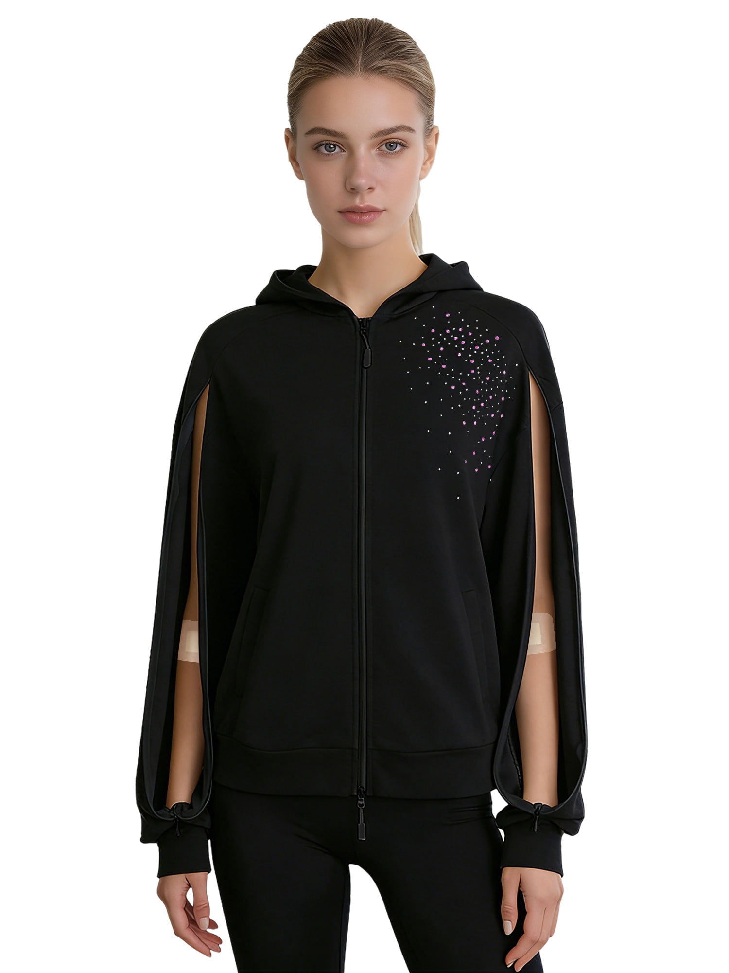 Choomomo Women's Arm Zipper Dialysis Hoodie Full-Zip Rhinestones Casual ...