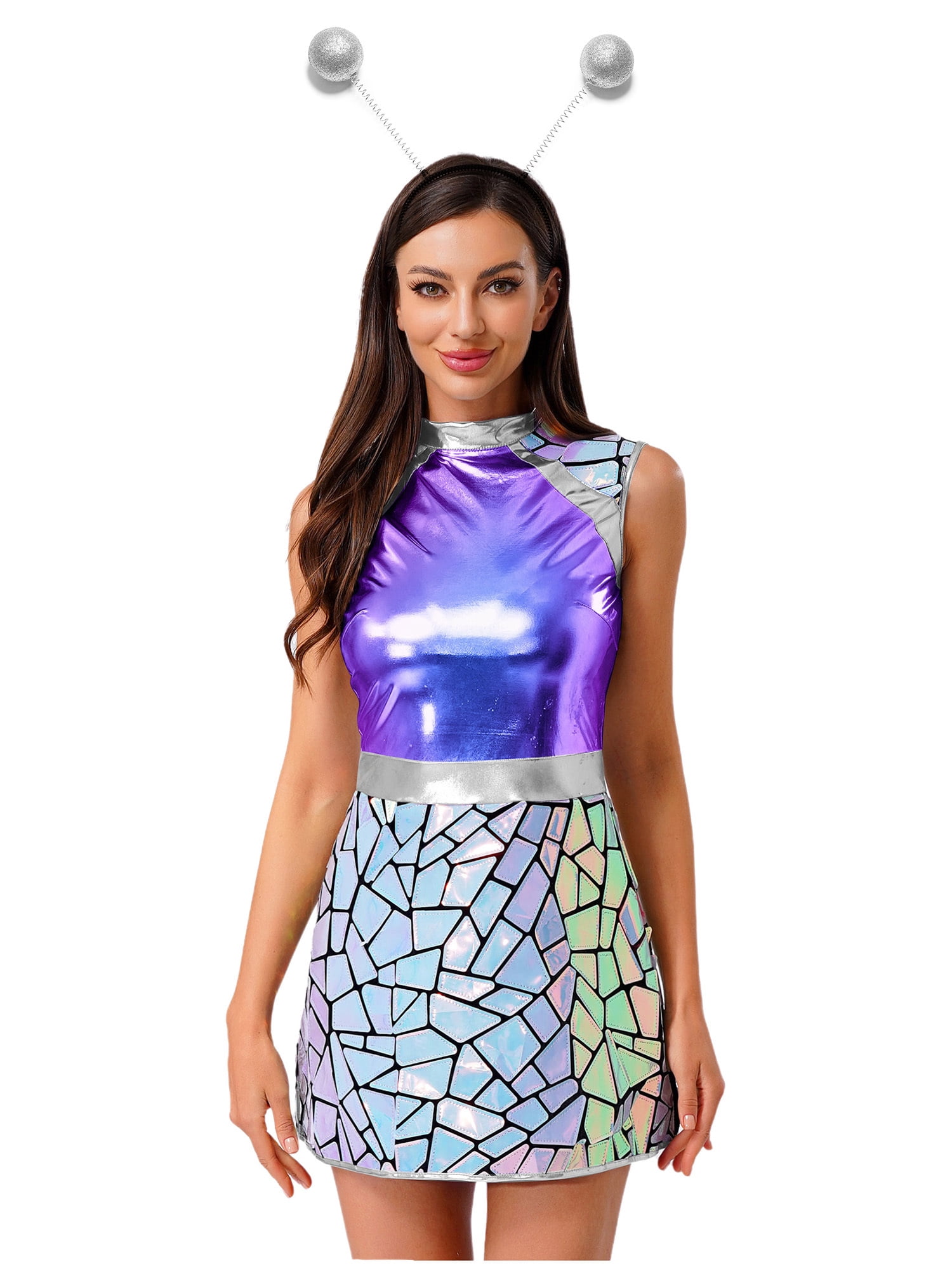 Choomomo Women's Shiny Metallic Alien Outfits Set Futuristic Skater ...
