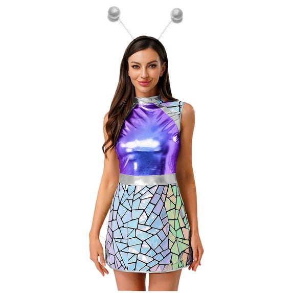Choomomo Women's Shiny Metallic Alien Outfits Set Futuristic Skater ...