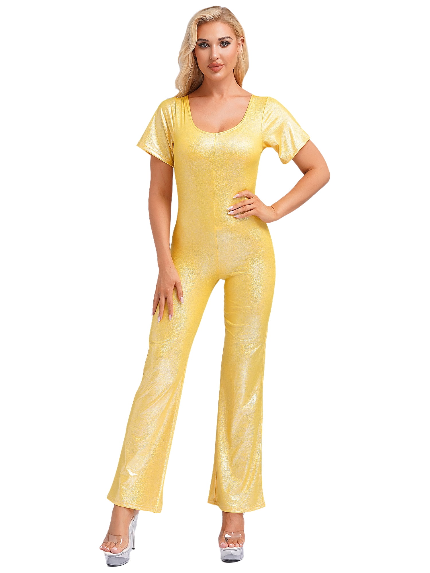 Choomomo Women's Shiny Metallic Bell-Bottom Dance Jumpsuit Casual ...