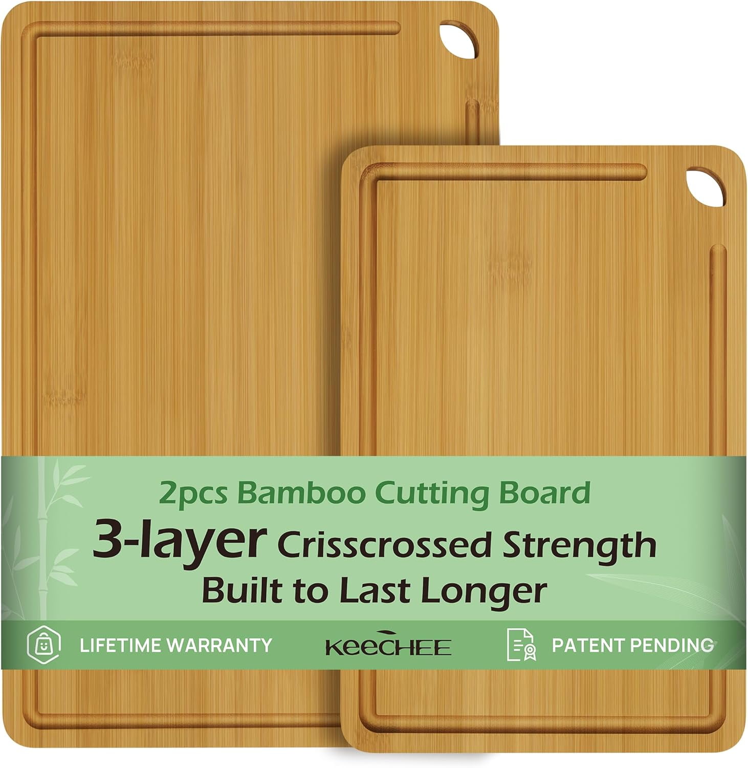 Chopping Board Duo 2-Pcs Natural Bamboo With Juice Channels & Knife ...