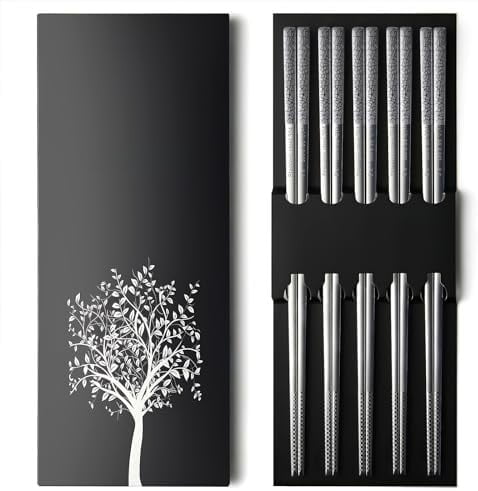 Chopsticks Reusable, 5 Pairs 304 Stainless Steel Chopstick, Korean ...