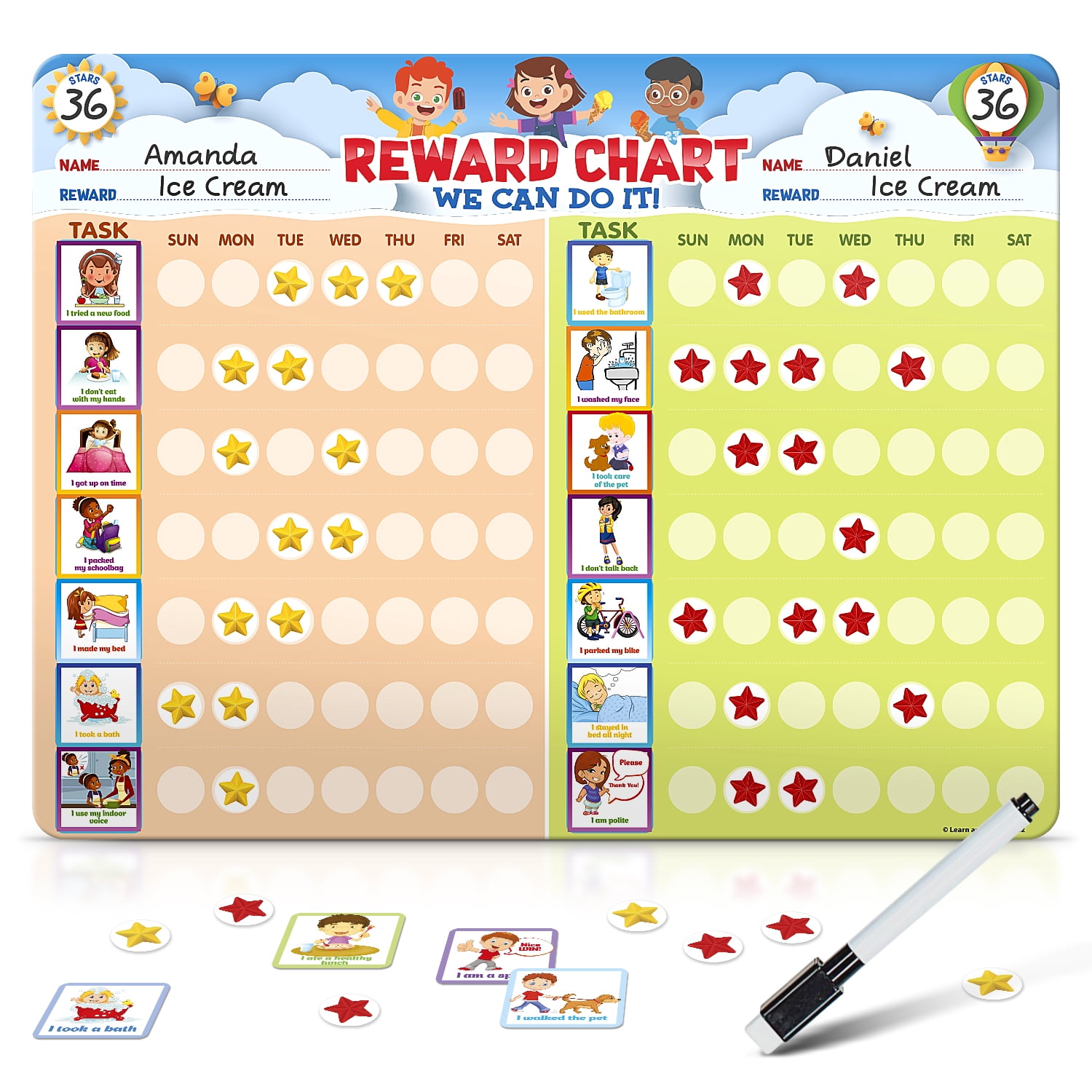 Chore Chart for Multiple Kids, Behavior Chart for Kids at Home, Dry erase, and Magnetic Reward ...